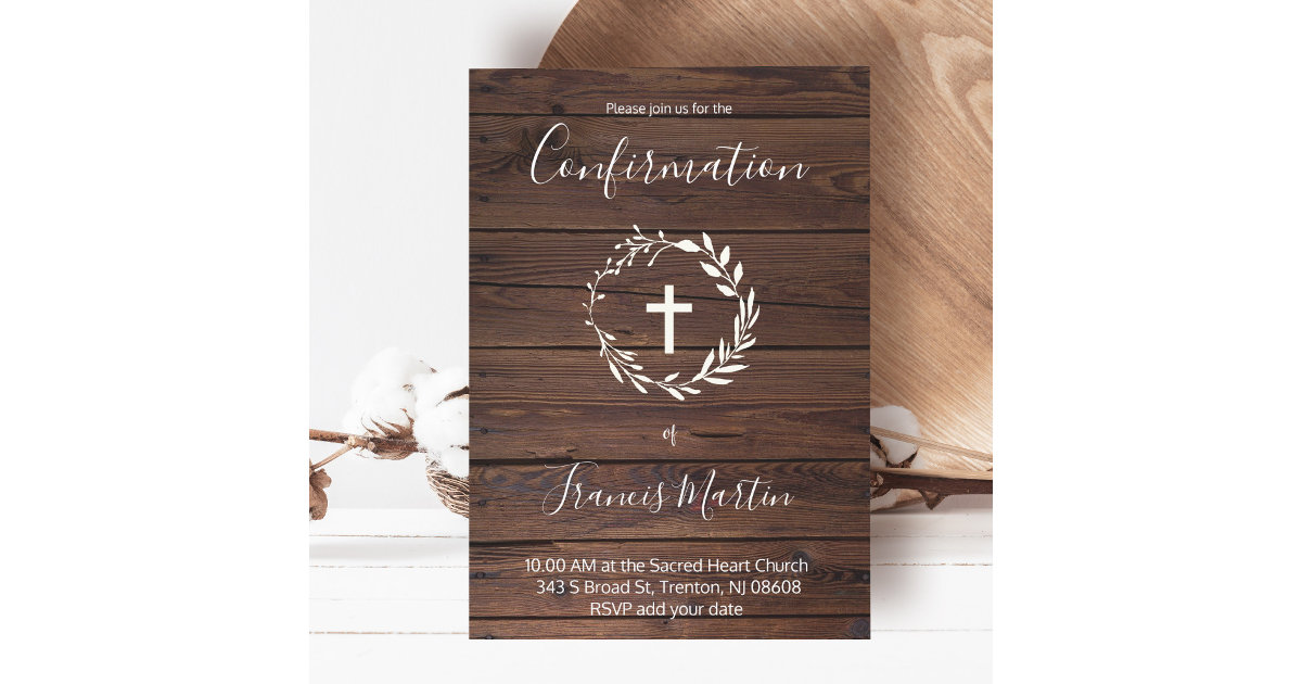 Confirmation | rustic wood background invitation | Zazzle