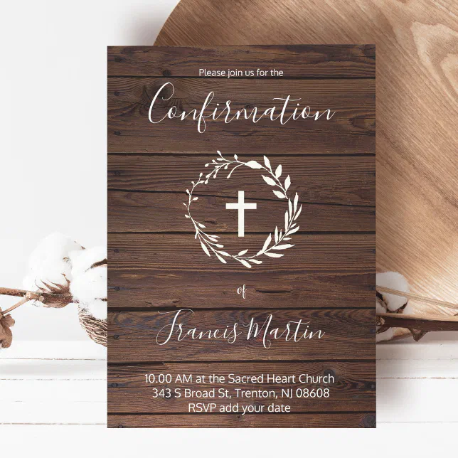 Confirmation | rustic wood background invitation | Zazzle