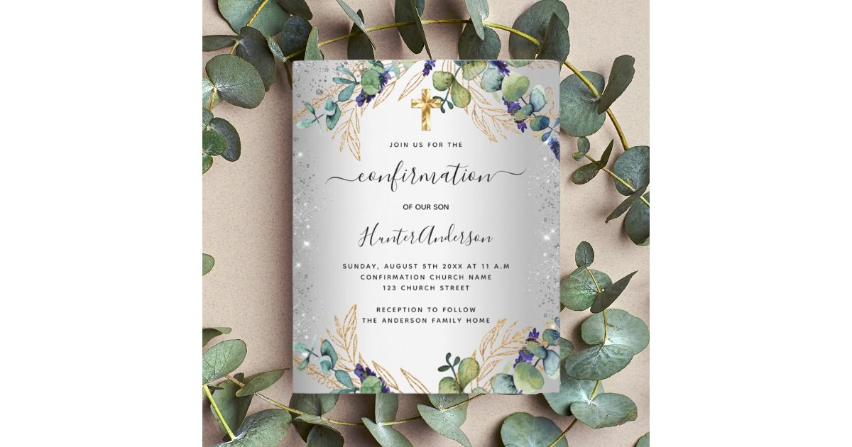 Confirmation silver eucalyptus greenery invitation | Zazzle