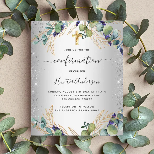Confirmation silver eucalyptus greenery invitation | Zazzle