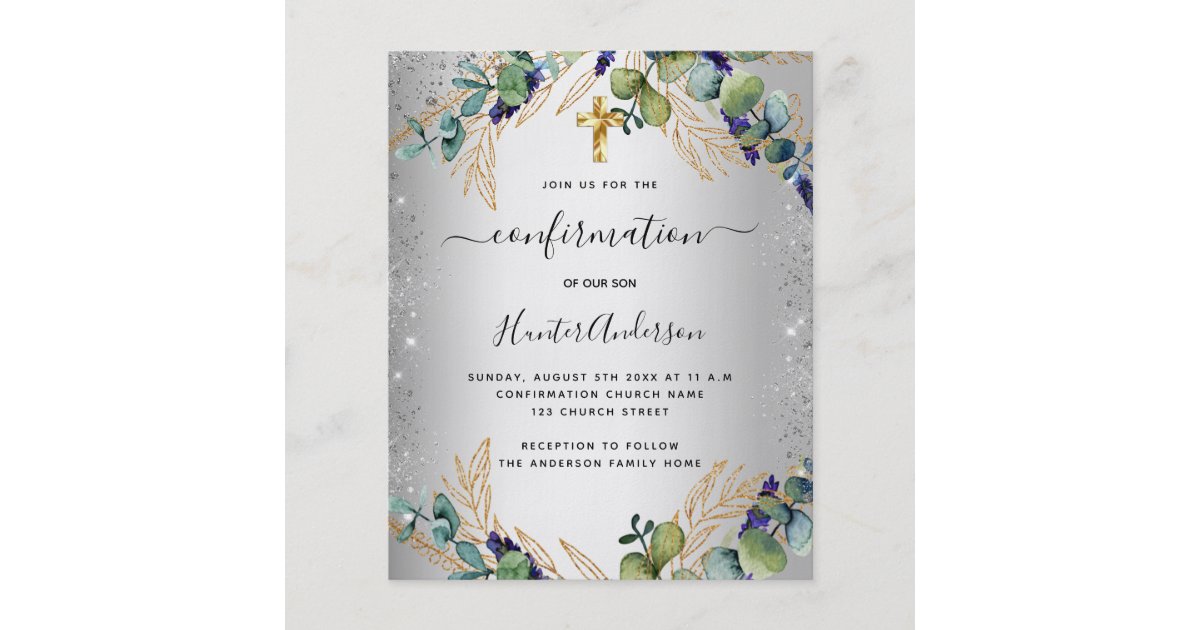 Confirmation silver eucalyptus greenery invitation flyer | Zazzle