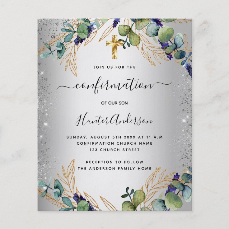 Confirmation silver eucalyptus greenery invitation flyer | Zazzle