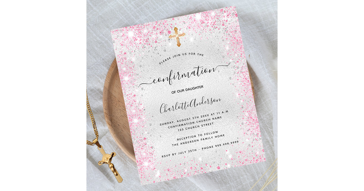 Confirmation silver glitter pink budget invitation flyer | Zazzle