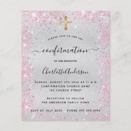Confirmation silver glitter pink budget invitation flyer | Zazzle