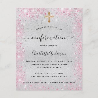 Confirmation silver glitter pink budget invitation flyer | Zazzle