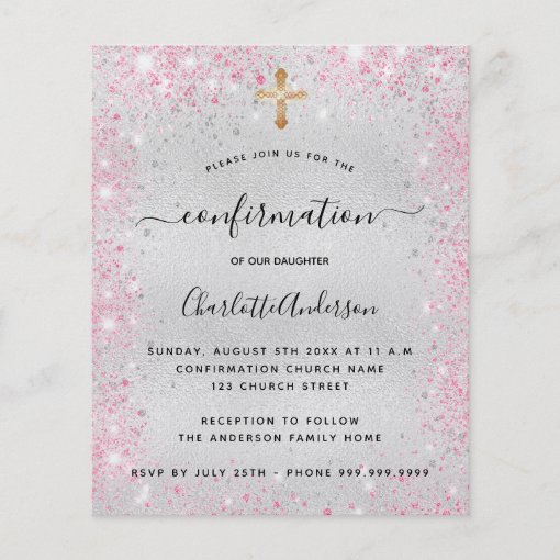 Confirmation silver glitter pink budget invitation flyer | Zazzle