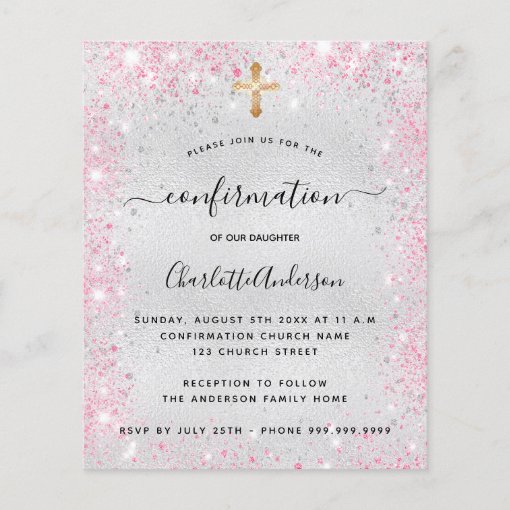 Confirmation silver glitter pink budget invitation flyer | Zazzle