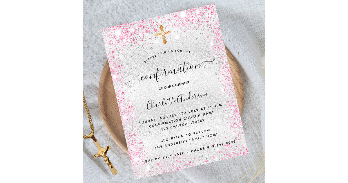 Confirmation silver glitter pink sparkles girl invitation postcard | Zazzle