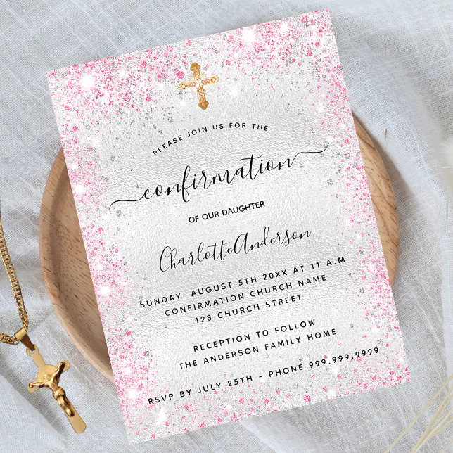 Confirmation silver glitter pink sparkles girl invitation postcard | Zazzle