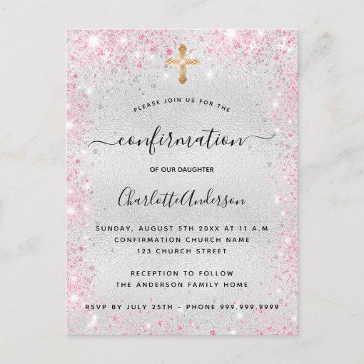 Confirmation silver glitter pink sparkles girl invitation postcard | Zazzle