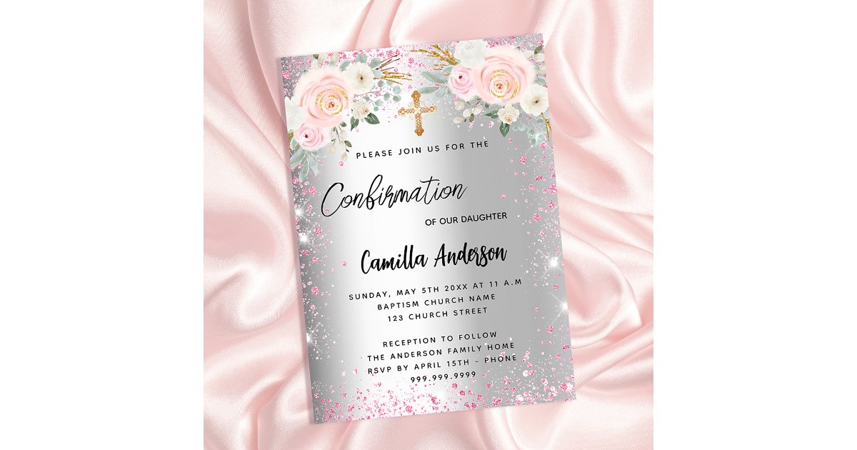 Confirmation silver pink florals girl sparkles invitation | Zazzle