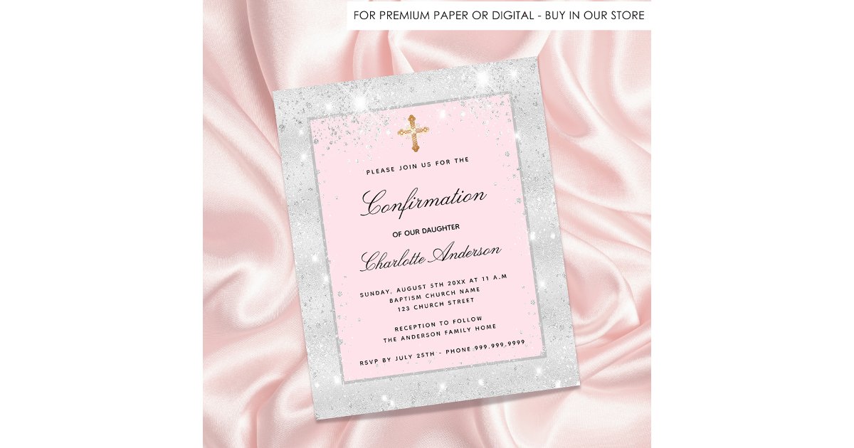 Confirmation silver pink glitter budget invitation flyer | Zazzle