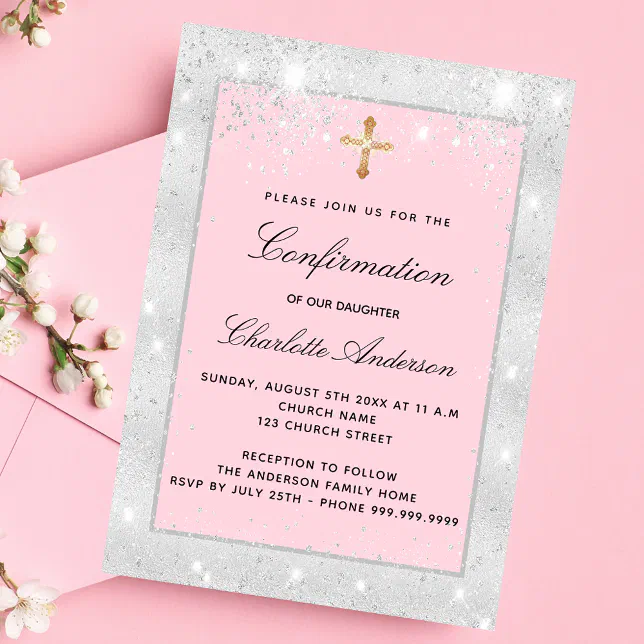 Confirmation silver pink glitter cross script invitation | Zazzle