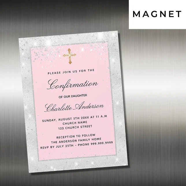 Confirmation silver pink glitter script luxury magnetic invitation | Zazzle