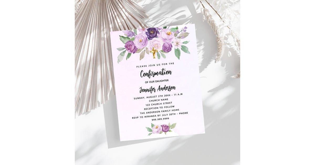 Confirmation violet flowers budget invitation flyer | Zazzle