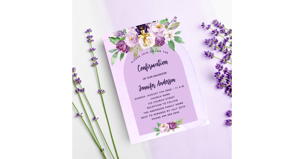 Confirmation violet purple flowers cross luxury invitation | Zazzle