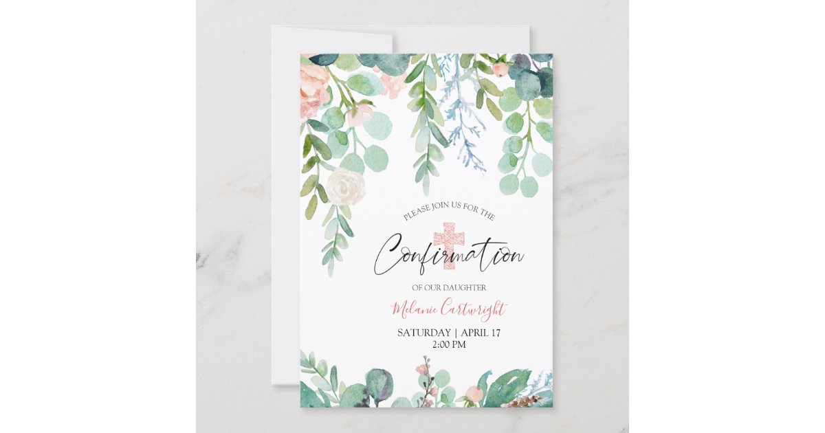 Confirmation Watercolor Floral Pink Green Script Invitation | Zazzle