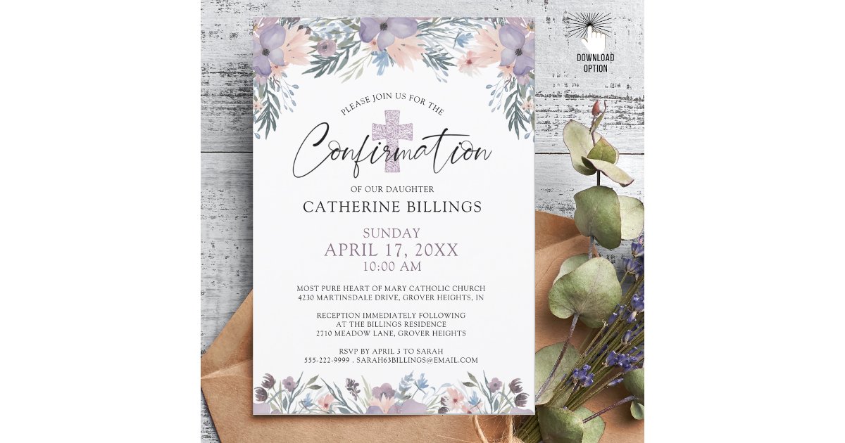 Confirmation Watercolor Purple Floral Wildflowers Invitation | Zazzle