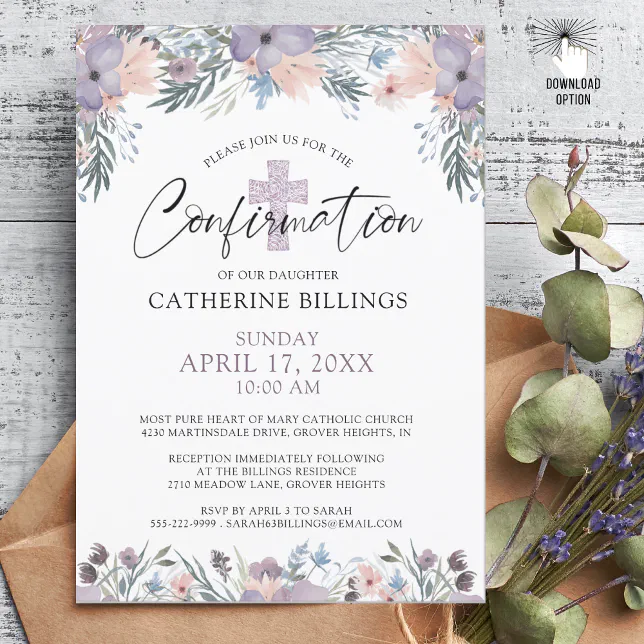 Confirmation Watercolor Purple Floral Wildflowers Invitation | Zazzle