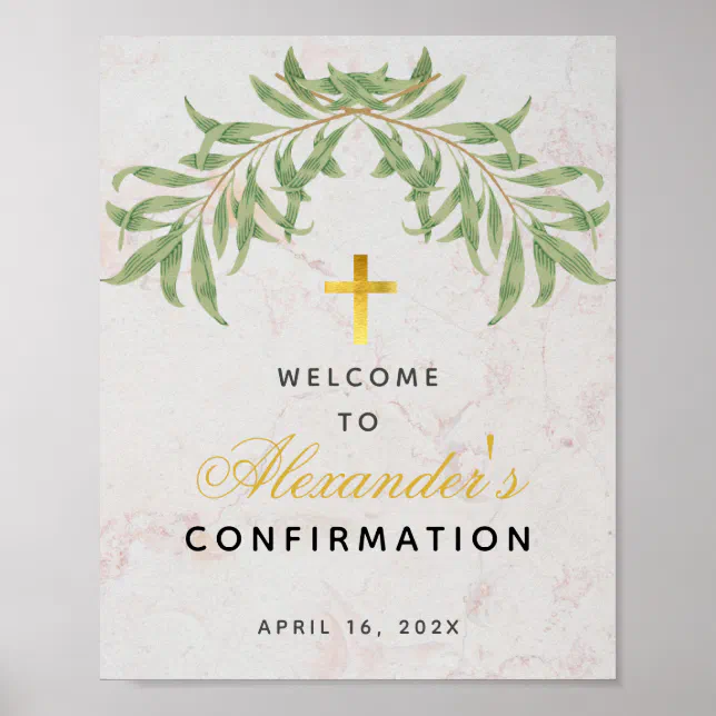 Confirmation Welcome Greenery Gold Cross Marble Poster | Zazzle