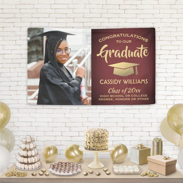 Congrats 1 Photo Burgundy Red and Gold Graduation Banner | Zazzle