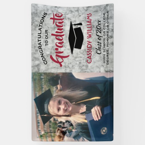 Congrats 1 Photo Marble Red White Black Graduation Banner | Zazzle