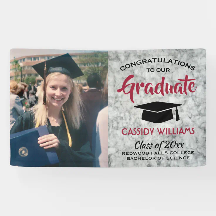 Congrats 1 Photo Marble Red White Black Graduation Banner | Zazzle