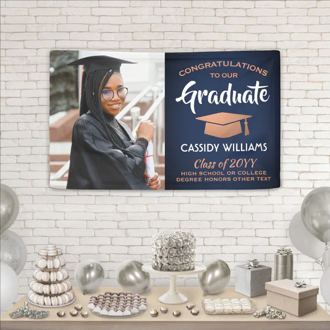 Congrats 1 Photo Navy Blue White Copper Graduation Banner | Zazzle