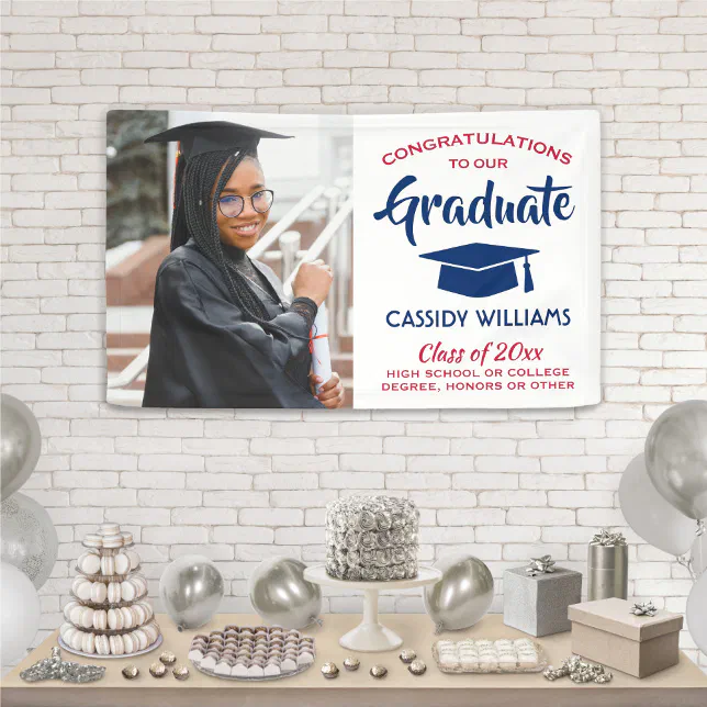 Congrats 1 Photo Red White and Blue Graduation Banner | Zazzle