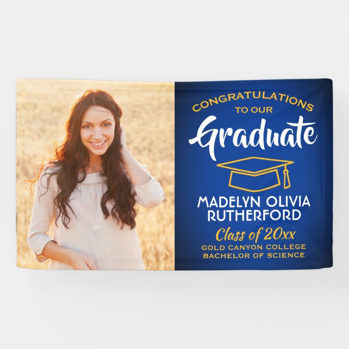 Congrats 1 Photo Royal Blue Gold Yellow Graduation Banner | Zazzle.com