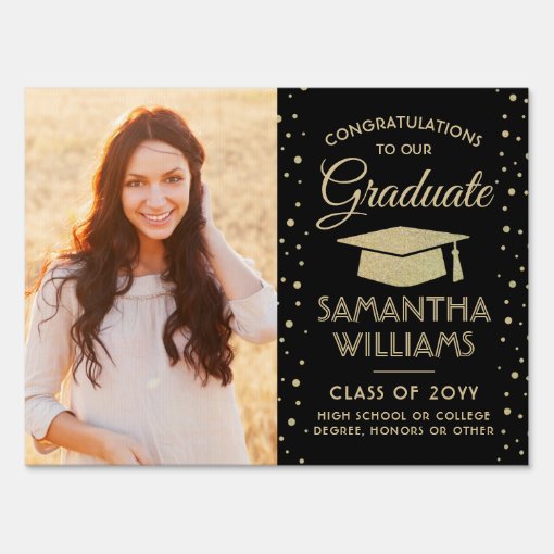 Congrats 2 Photo Black and Gold Glitter Graduation Sign | Zazzle
