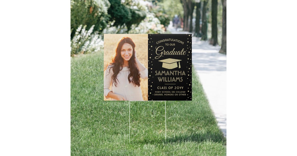 Congrats 2 Photo Black and Gold Glitter Graduation Sign | Zazzle