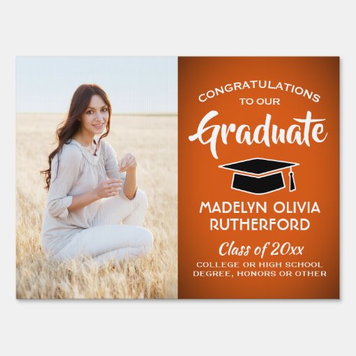 Congrats 2 Photo Orange Black & White Graduation Sign | Zazzle