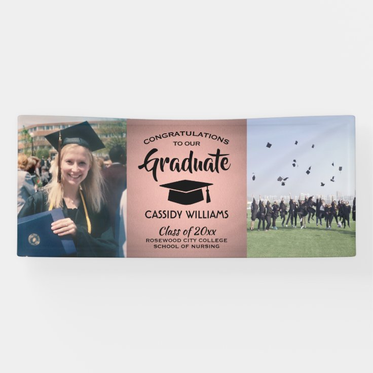 Congrats 2 Photo Pink and Black Trendy Graduation Banner | Zazzle