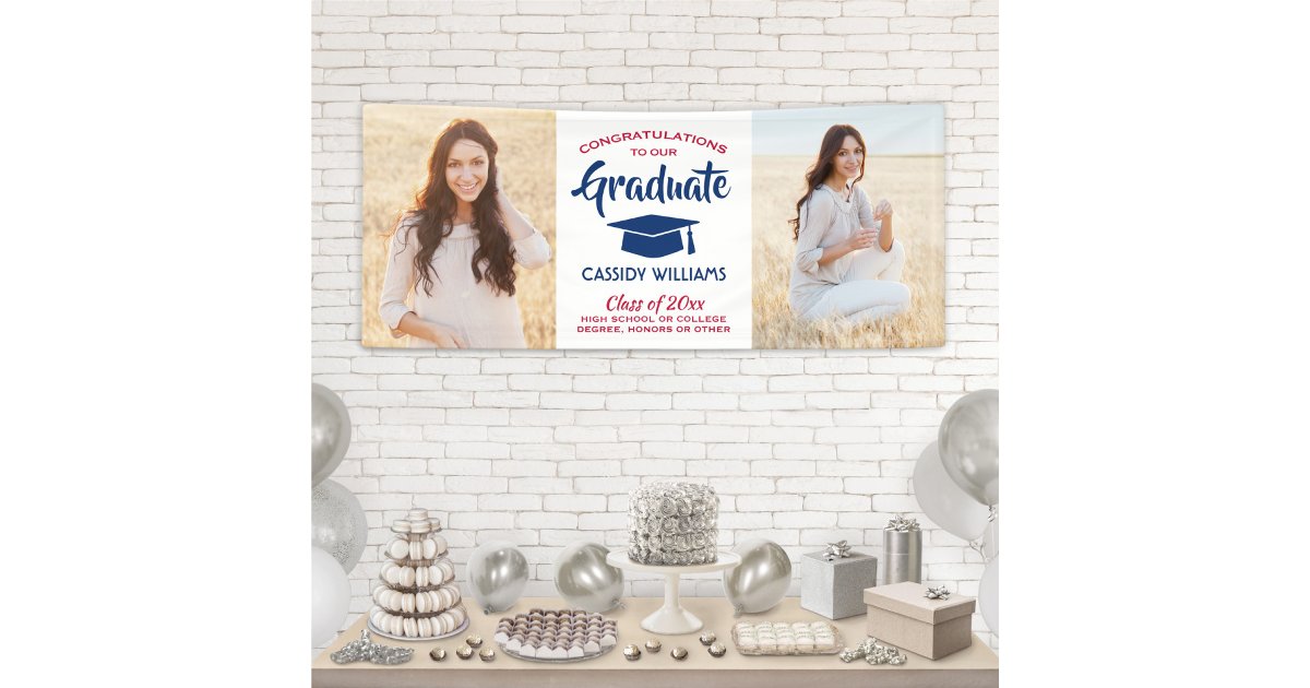 Congrats 2 Photo Red White and Blue Graduation Banner | Zazzle