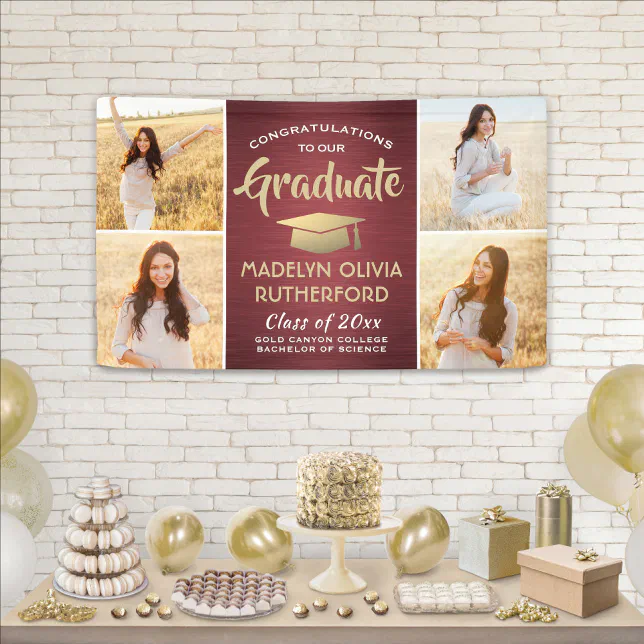 Congrats 4 Photo Burgundy Gold & White Graduation Banner | Zazzle