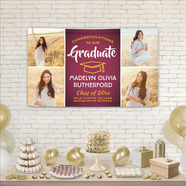 Congrats 4 Photo Maroon Gold Red Yellow Graduation Banner | Zazzle
