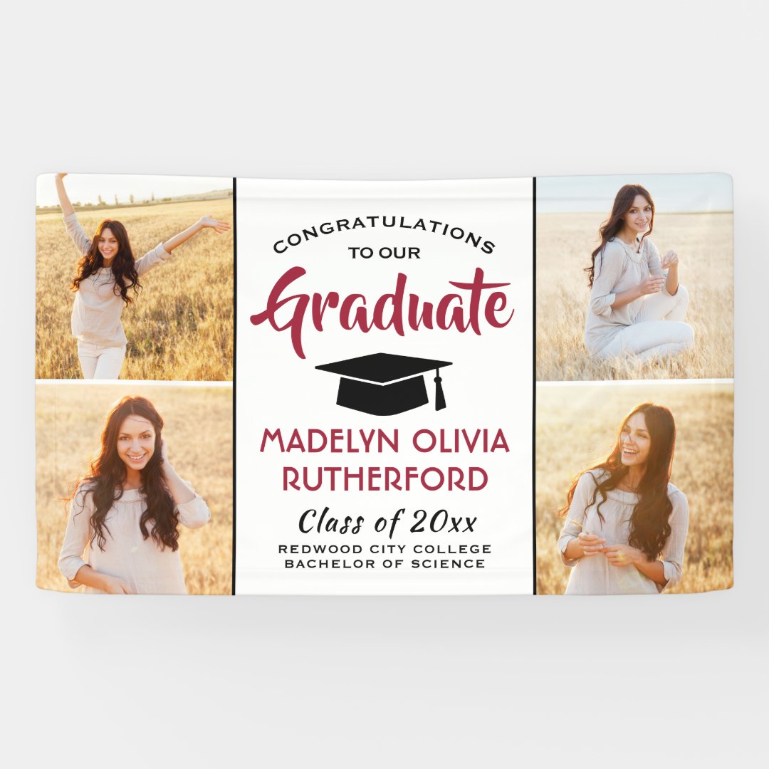 Congrats 4 Photo Red Black and White Graduation Banner | Zazzle