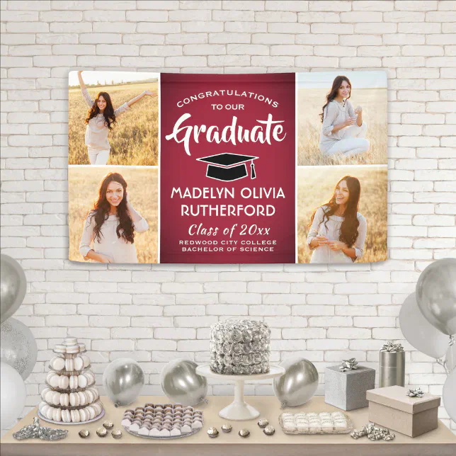 Congrats 4 Photo Red Black and White Graduation Banner | Zazzle