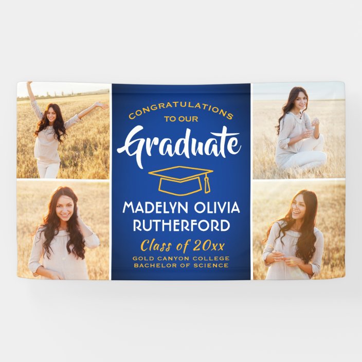 Congrats 4 Photo Royal Blue Gold Yellow Graduation Banner | Zazzle.com