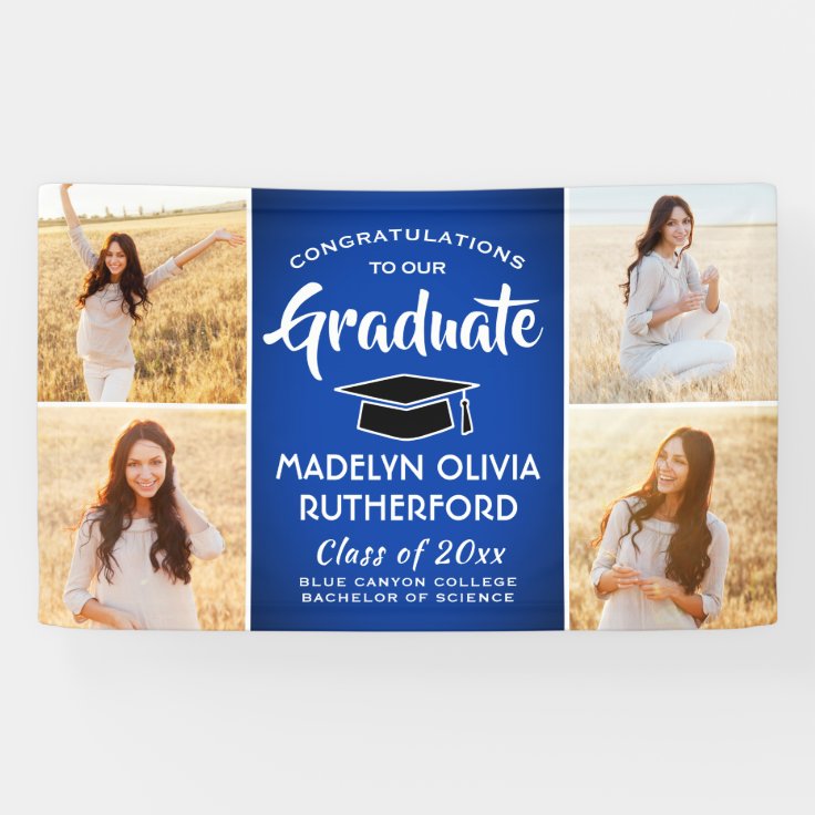 Congrats 4 Photo Royal Blue & White Graduation Banner | Zazzle