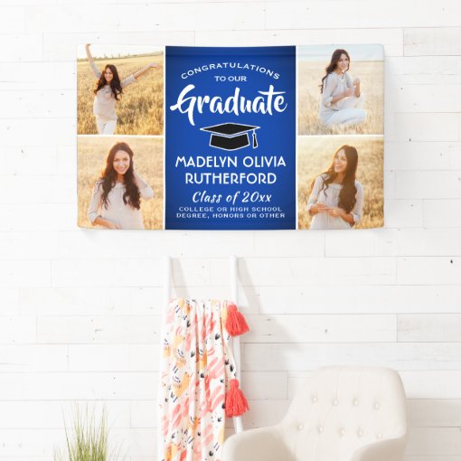 Congrats 4 Photo Royal Blue & White Graduation Banner | Zazzle