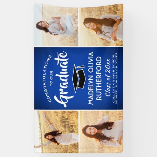 Congrats 4 Photo Royal Blue & White Graduation Banner | Zazzle