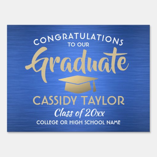 Congrats Brushed Blue Gold & White Graduation Yard Sign | Zazzle