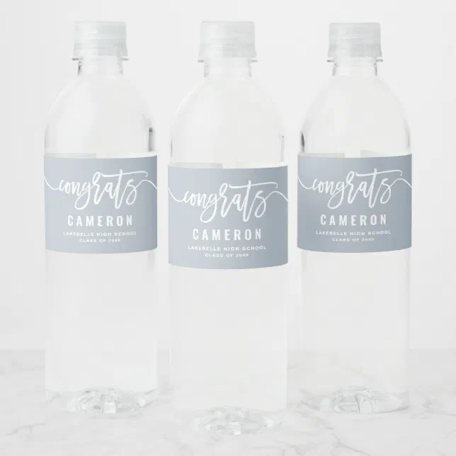 Congrats Calligraphy Dusty Blue Graduation Water Bottle Label | Zazzle