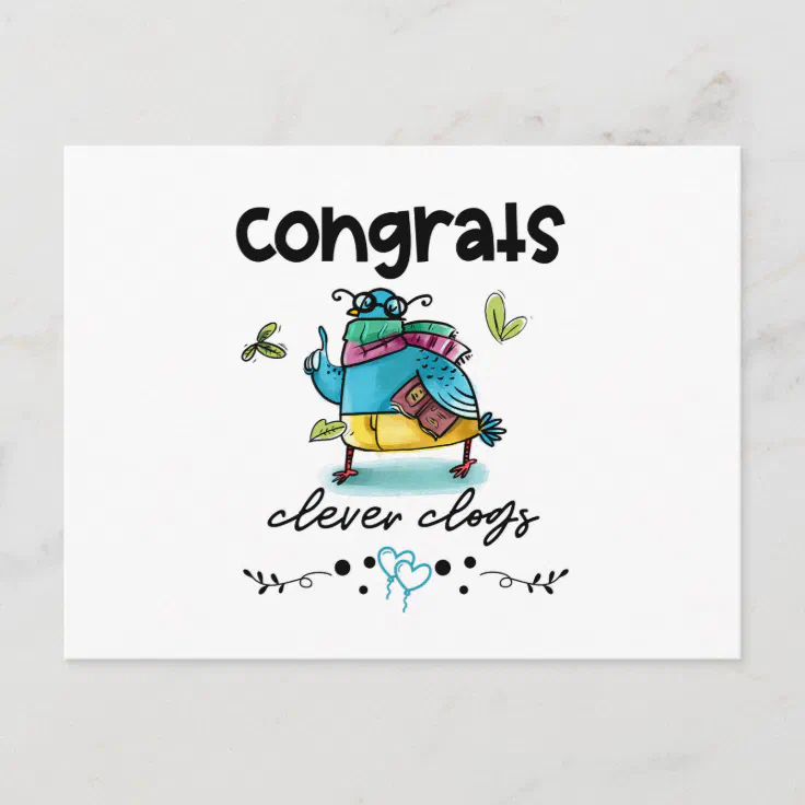 Congrats Clever Clogs Funny Cartoon Pigeon Postcard | Zazzle