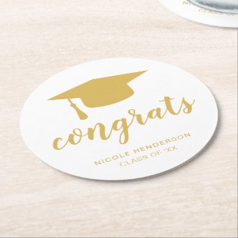Congrats Elegant Gold and White Graduation Cap Round Paper Coaster | Zazzle
