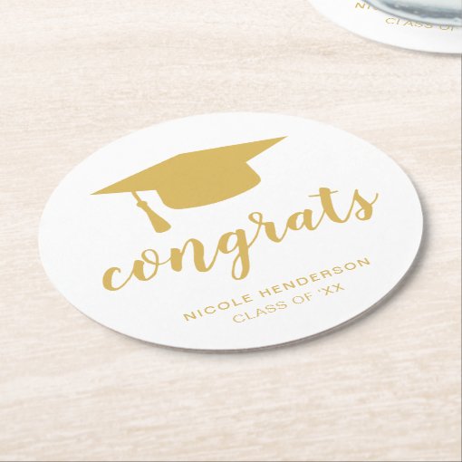 Congrats Elegant Gold and White Graduation Cap Round Paper Coaster | Zazzle