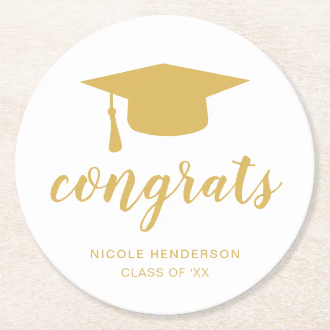 Congrats Elegant Gold and White Graduation Cap Round Paper Coaster | Zazzle