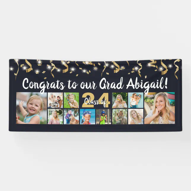 Congrats Grad 12 Photo Collage Black Gold Confetti Banner | Zazzle